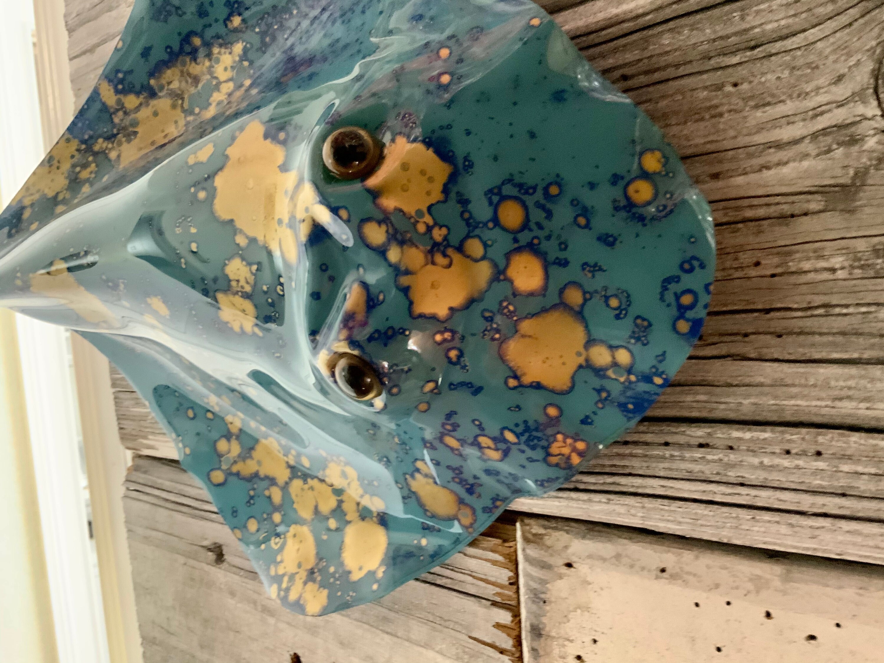 Stingray wall hanging aqua/blue/gold 14” handmade eco-friendly plastic ...