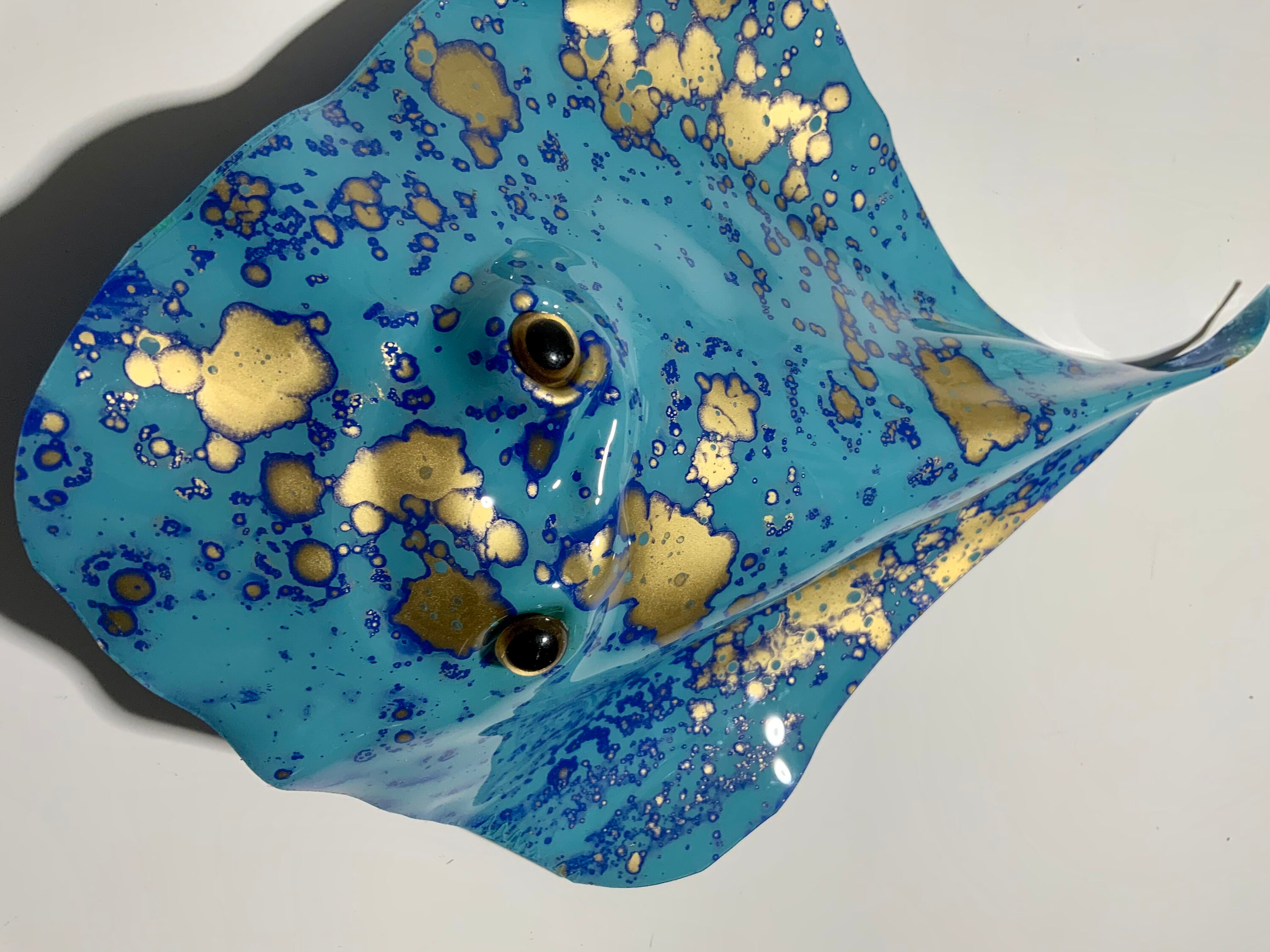 Stingray wall hanging aqua/blue/gold 14” handmade eco-friendly plastic ...