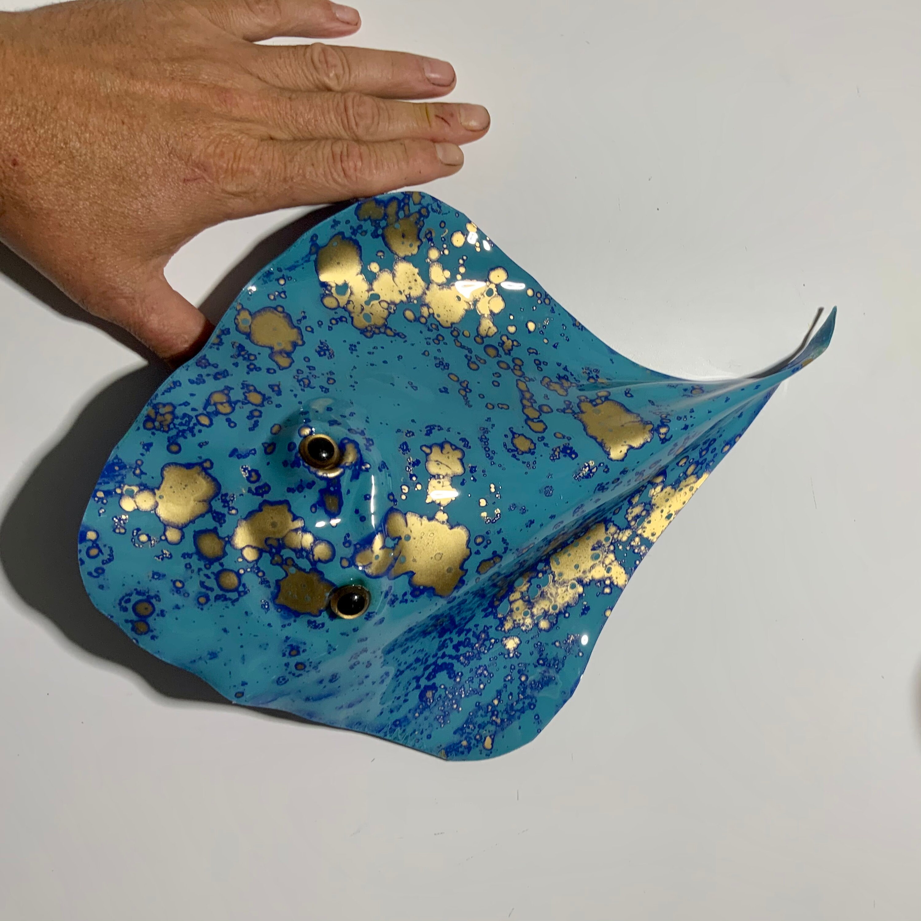 Stingray wall hanging aqua/blue/gold 14” handmade eco-friendly plastic ...