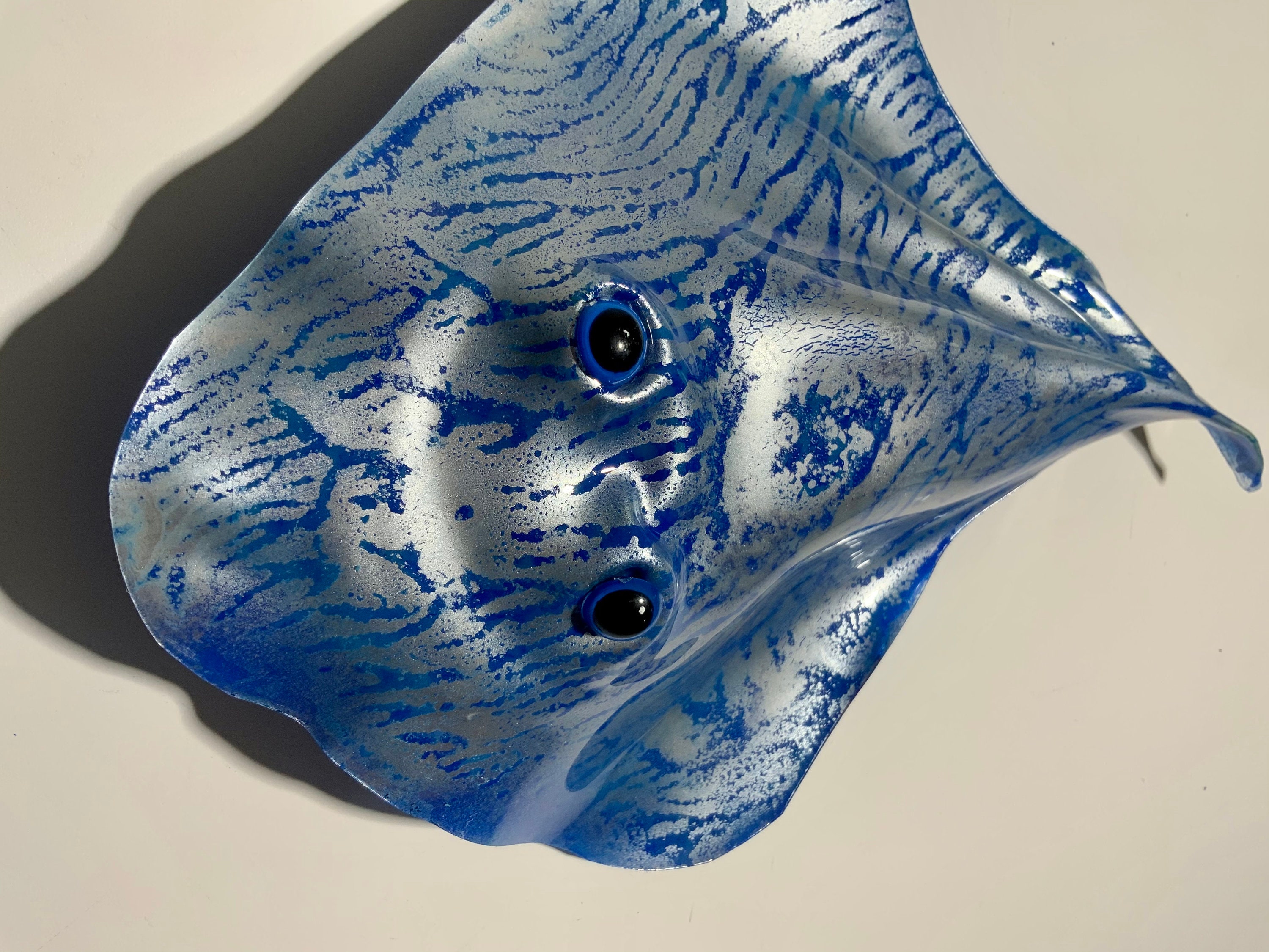 Stingray wall hanging silver/blue 13”handmade up-cycled plastic looks ...