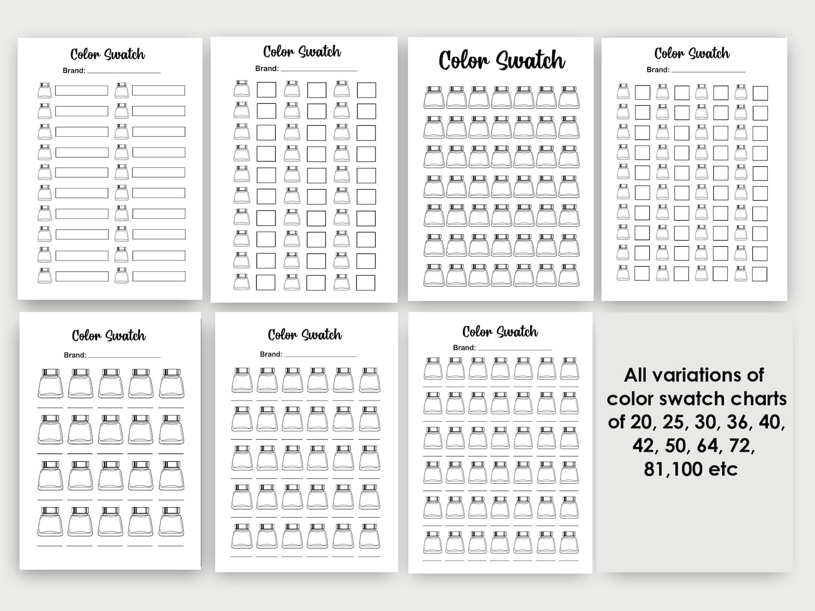 Ink Swatch Chart Bundle, Color Swatch Printable, Blank Ink Bottles ...