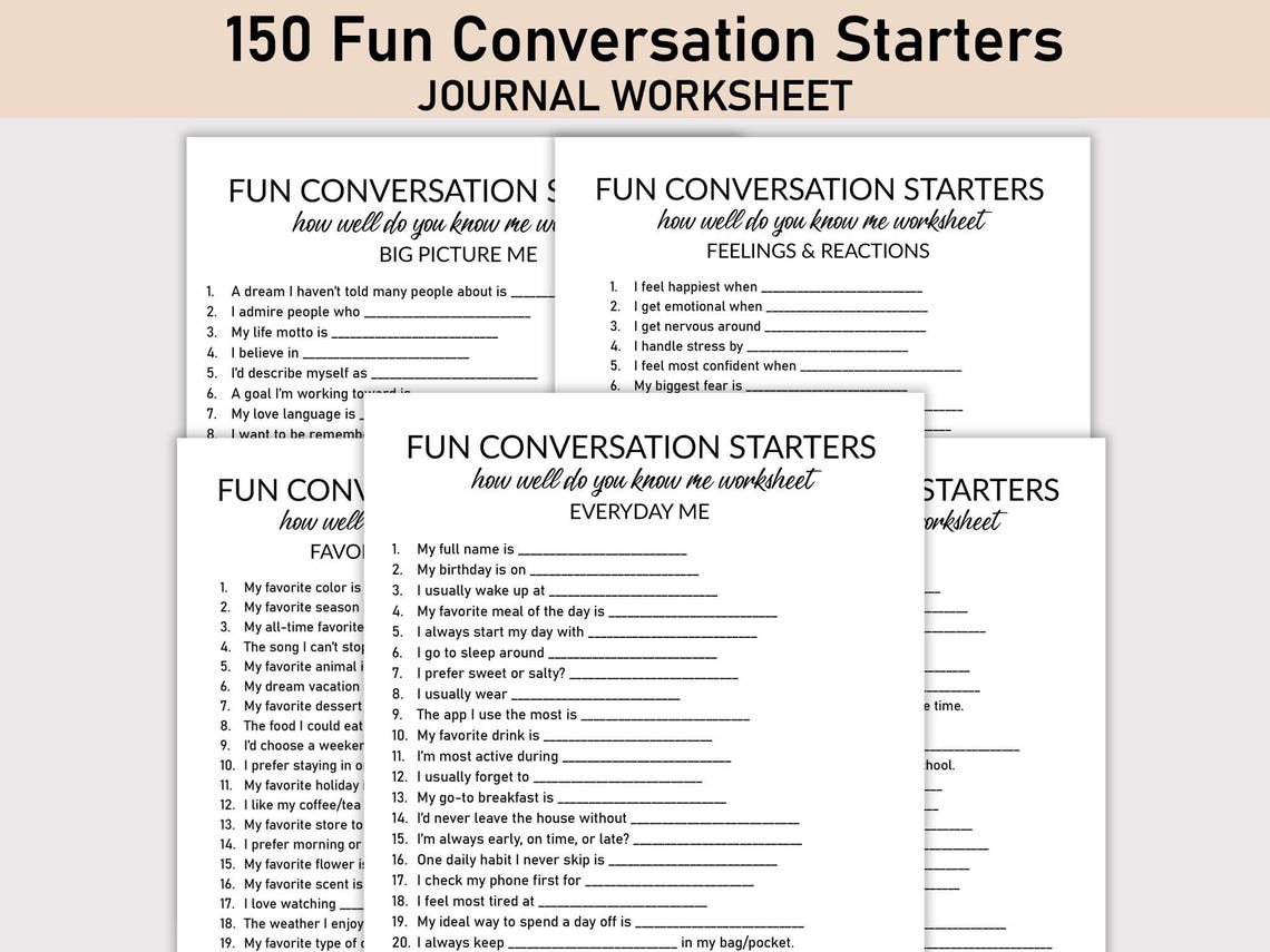 150 Fun Conversation Starters Printable Worksheet, Journal Printable ...