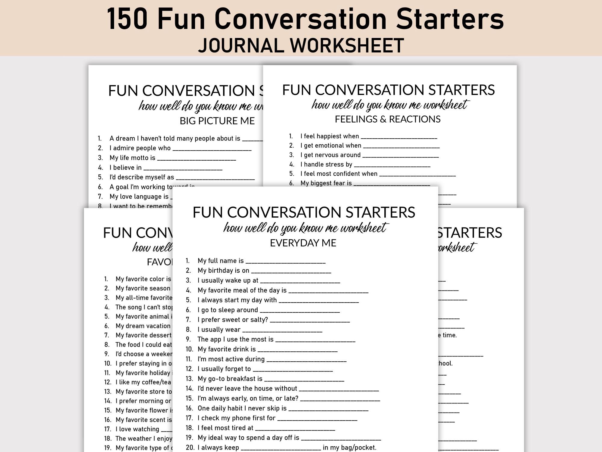 150 Fun Conversation Starters Printable Worksheet, Journal Printable ...