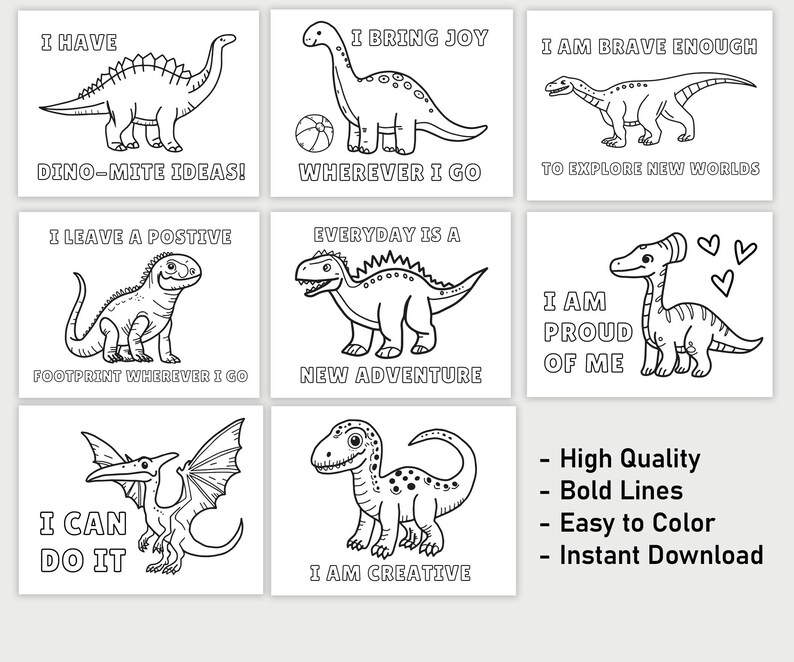15 Kids Affirmations Coloring Page Dinosaur Bundle, Dinosaur Coloring ...