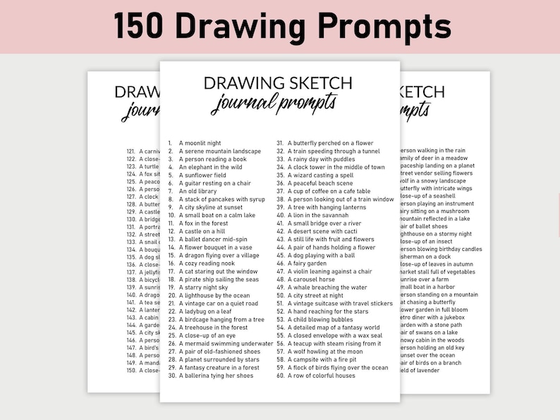 150 Drawing Journal Prompts, Printable, Journal, Minimalist, Creative ...