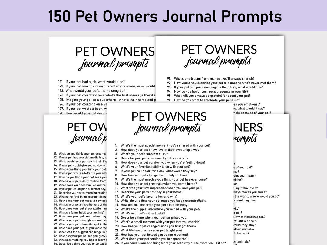 150 Pet Owners Journal Prompts, Printable, Journal, Minimalist, Reflections, Emotional, Physical ...