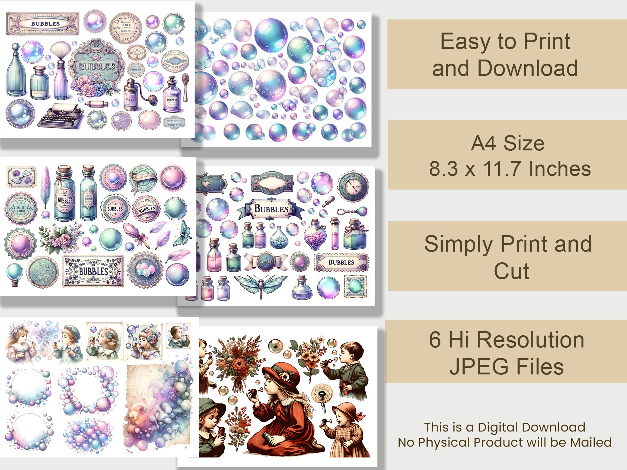 Bubbles Junk Journal Kit, Printable, Ephemera, Digital Papers, Digital ...