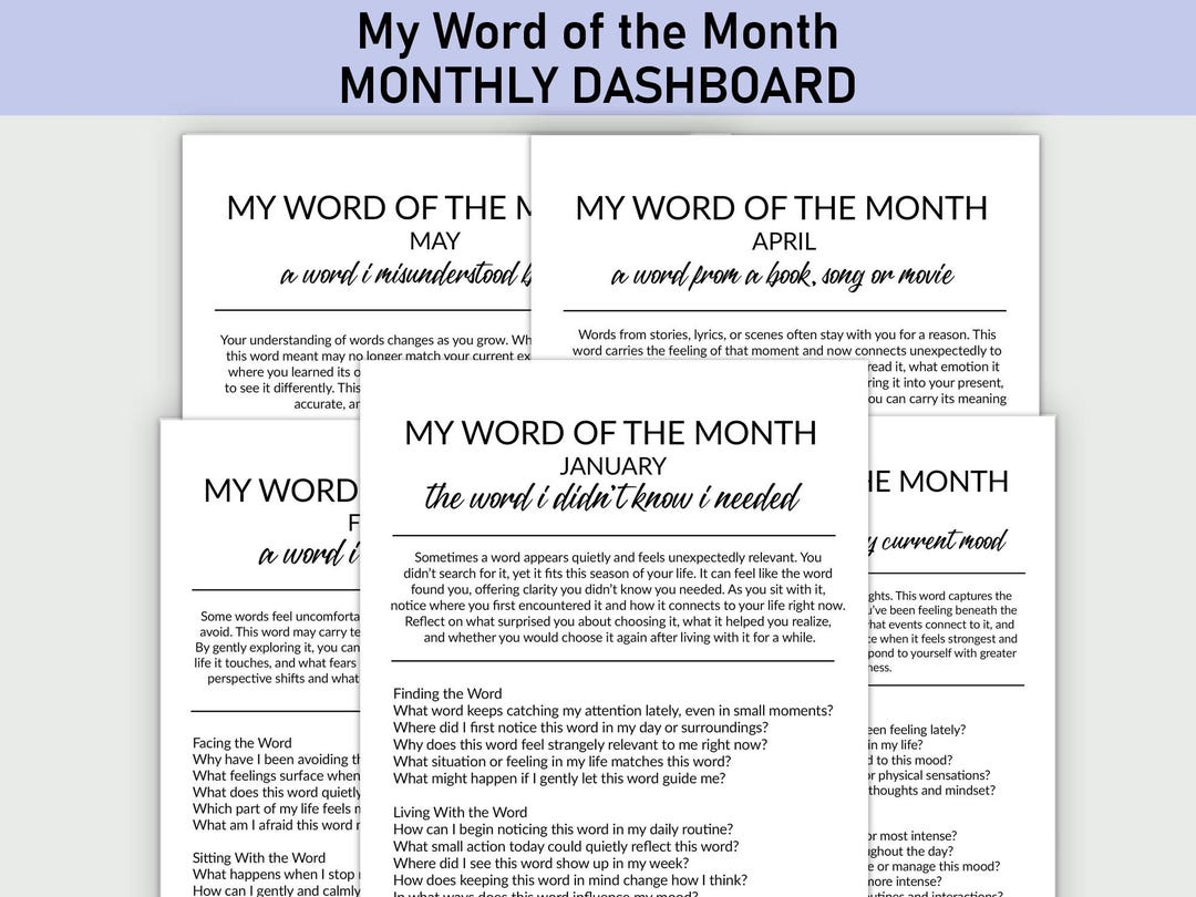 My Word of the Month Monthly Dashboard, Printable, Journal, Themed ...