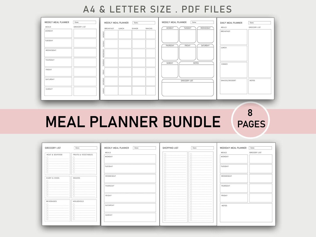 Weekly Meal Planner Bundle, Printable, Grocery List, Daily Meal Planner, Food Journal, Shopping ...