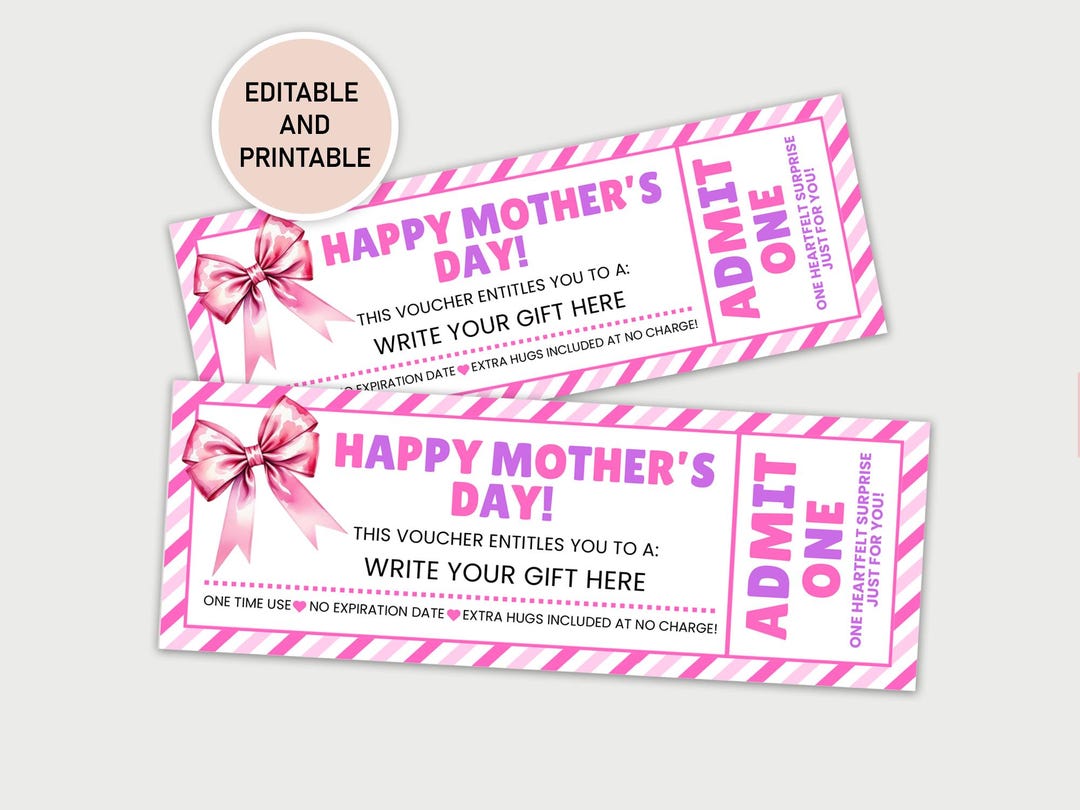 Editable Mother's Day Voucher Ticket Template, Mother's Day Printable ...