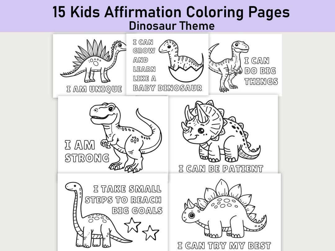 15 Kids Affirmations Coloring Page Dinosaur Bundle, Dinosaur Coloring ...