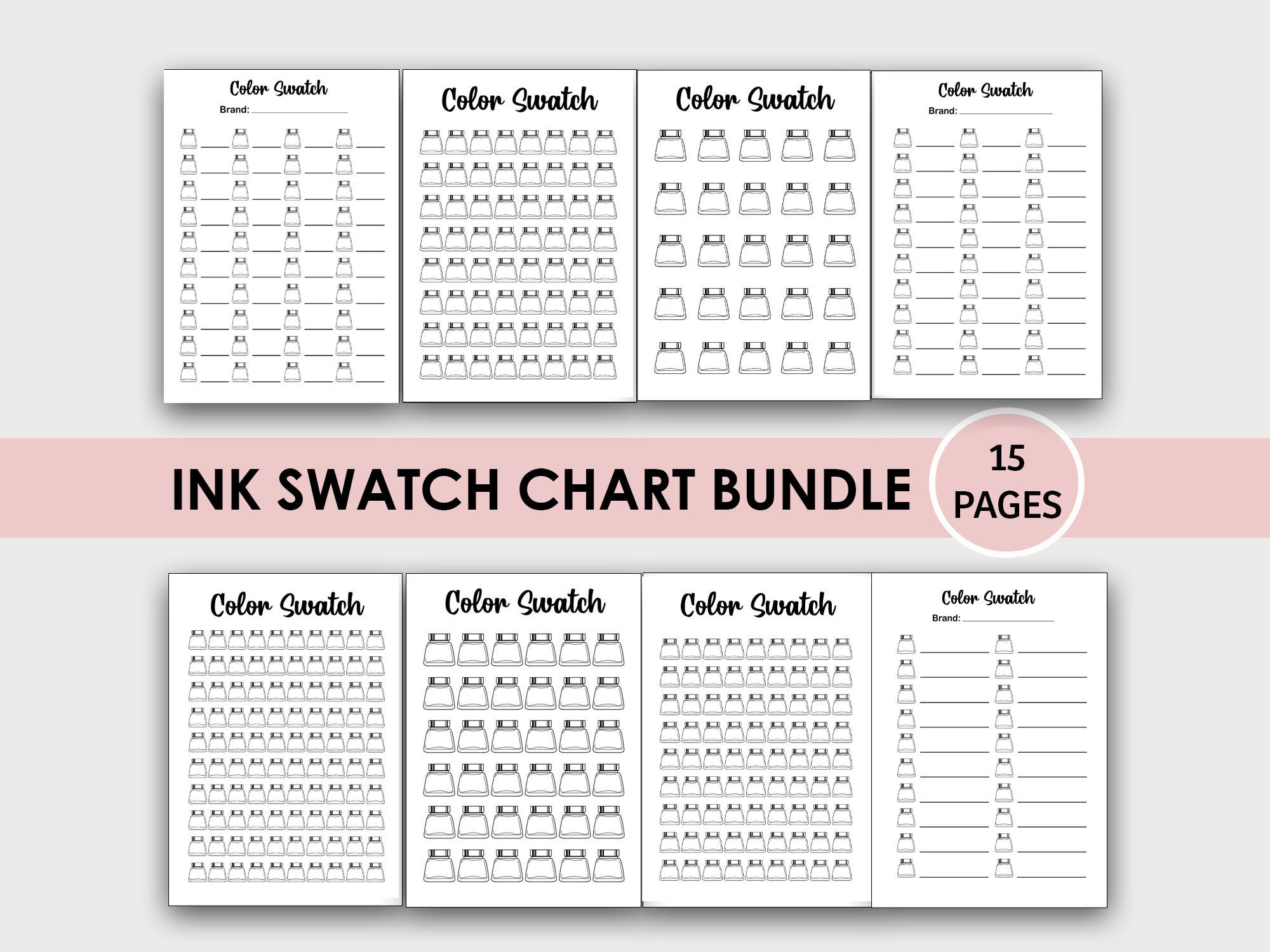Ink Swatch Chart Bundle, Color Swatch Printable, Blank Ink Bottles ...