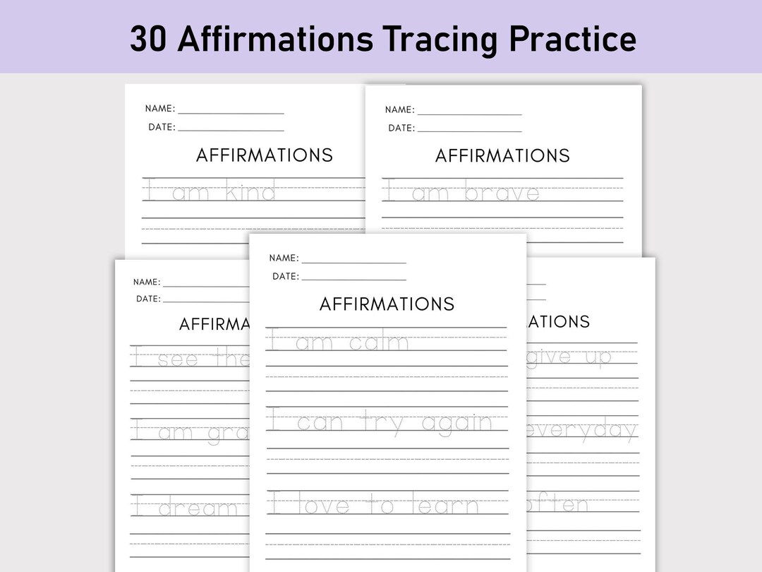 30 Kids Affirmations, Tracing Page Bundle, Handwriting Practice ...