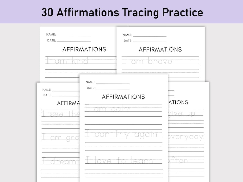 30 Kids Affirmations, Tracing Page Bundle, Handwriting Practice ...