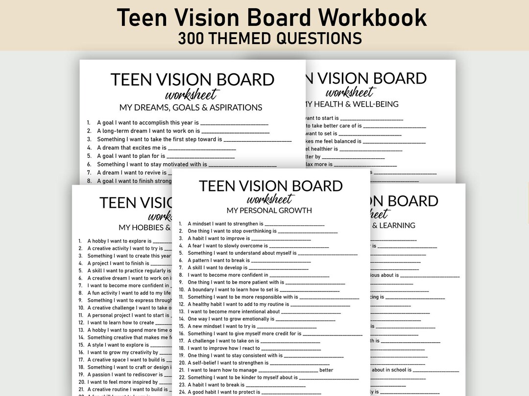 300 Teen Vision Board Workbook, Printable, Journal Worksheet, New Year ...