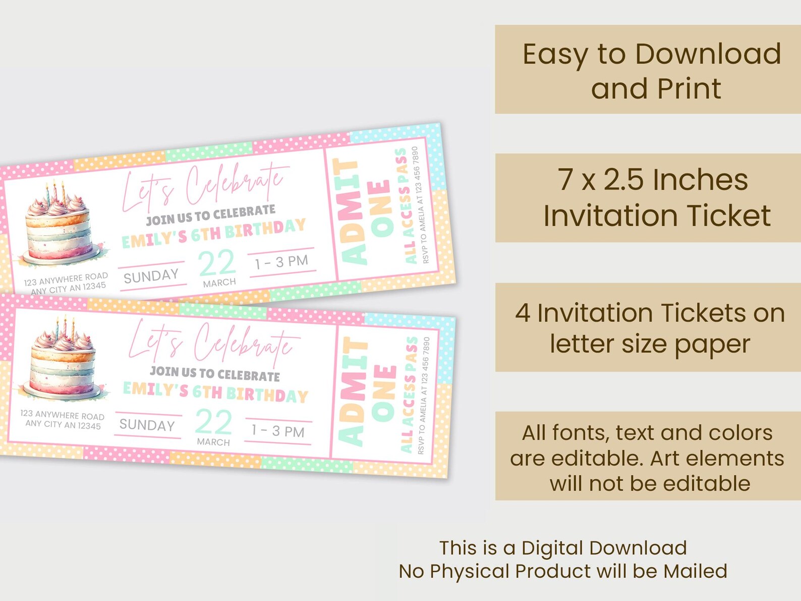 Editable Birthday Invitation, Birthday Party Ticket Printable, Template ...