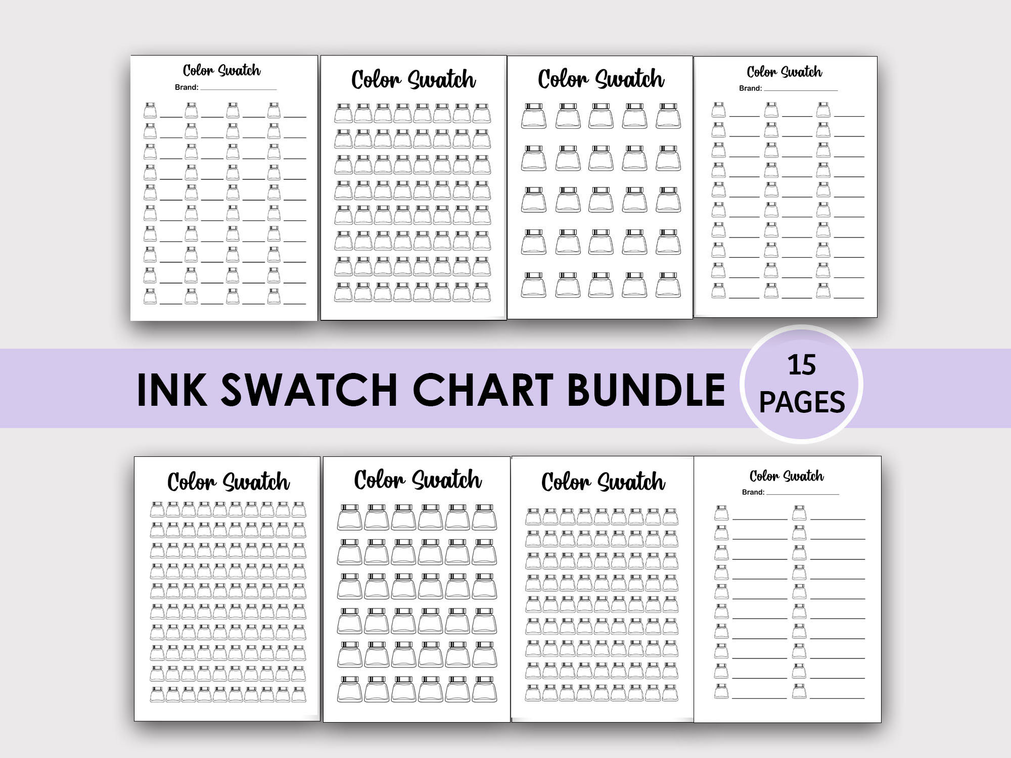 Ink Swatch Chart Bundle, Color Swatch Printable, Blank Ink Bottles ...