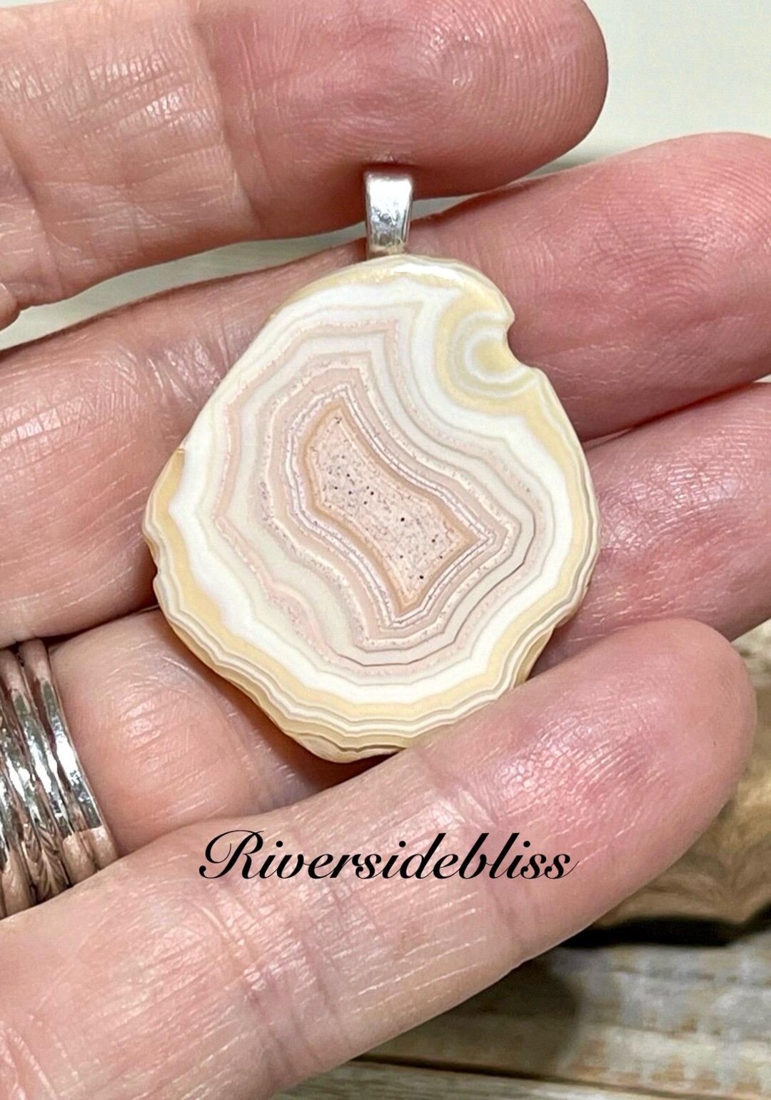 Rare Fortification Agate Slice Pendant; Cream & Tan, Sterling Silver ...