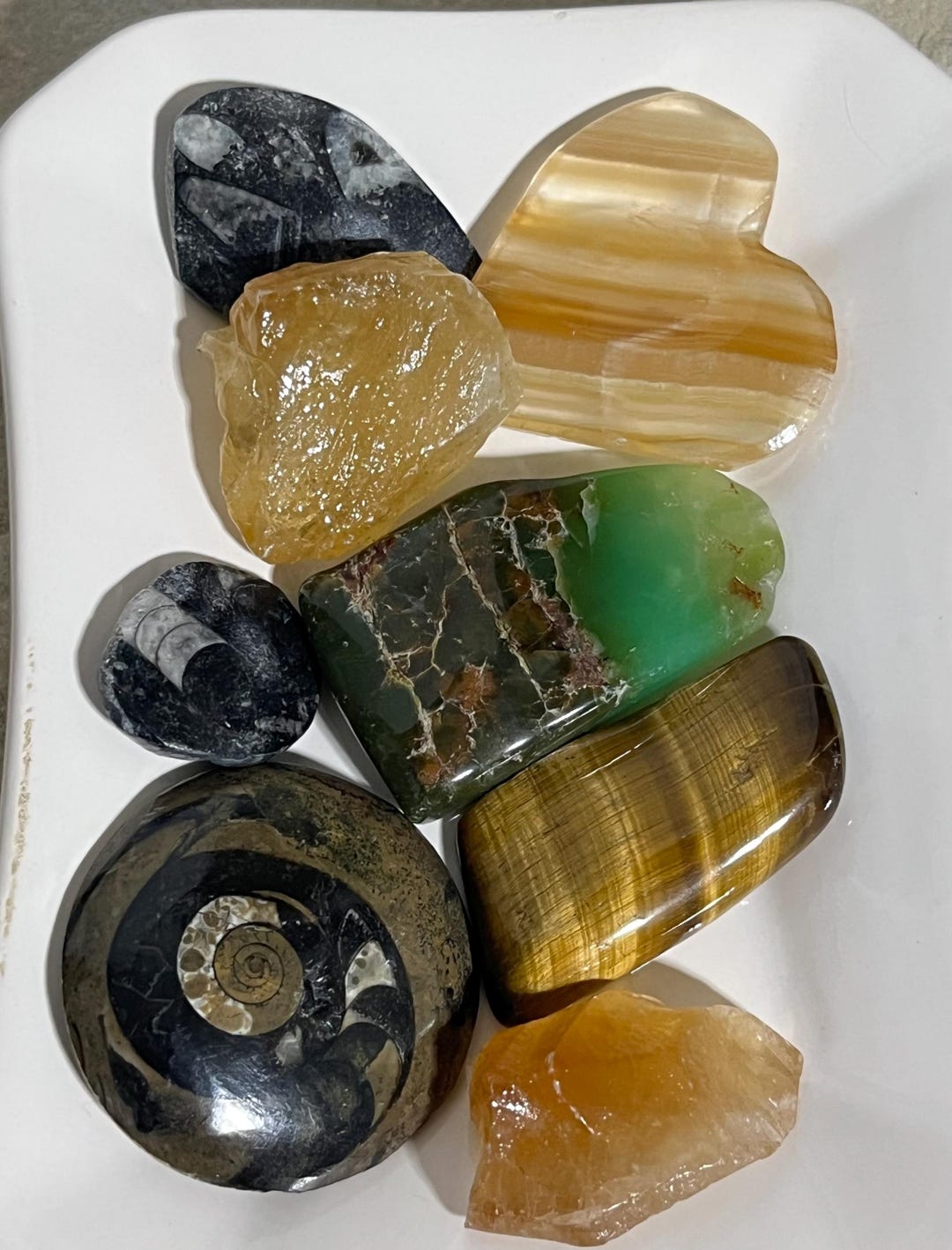 Genuine Crystal Stone Set: Tiger Eye, Ammonite Fossil, Calcite & More ...