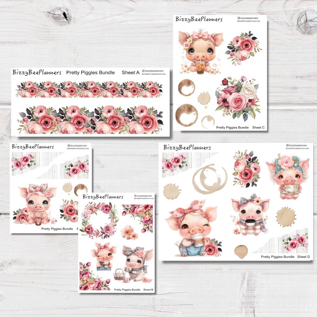Pretty Piggies Bundle- Pig Stickers- Coffee Stickers- Floral Stickers ...