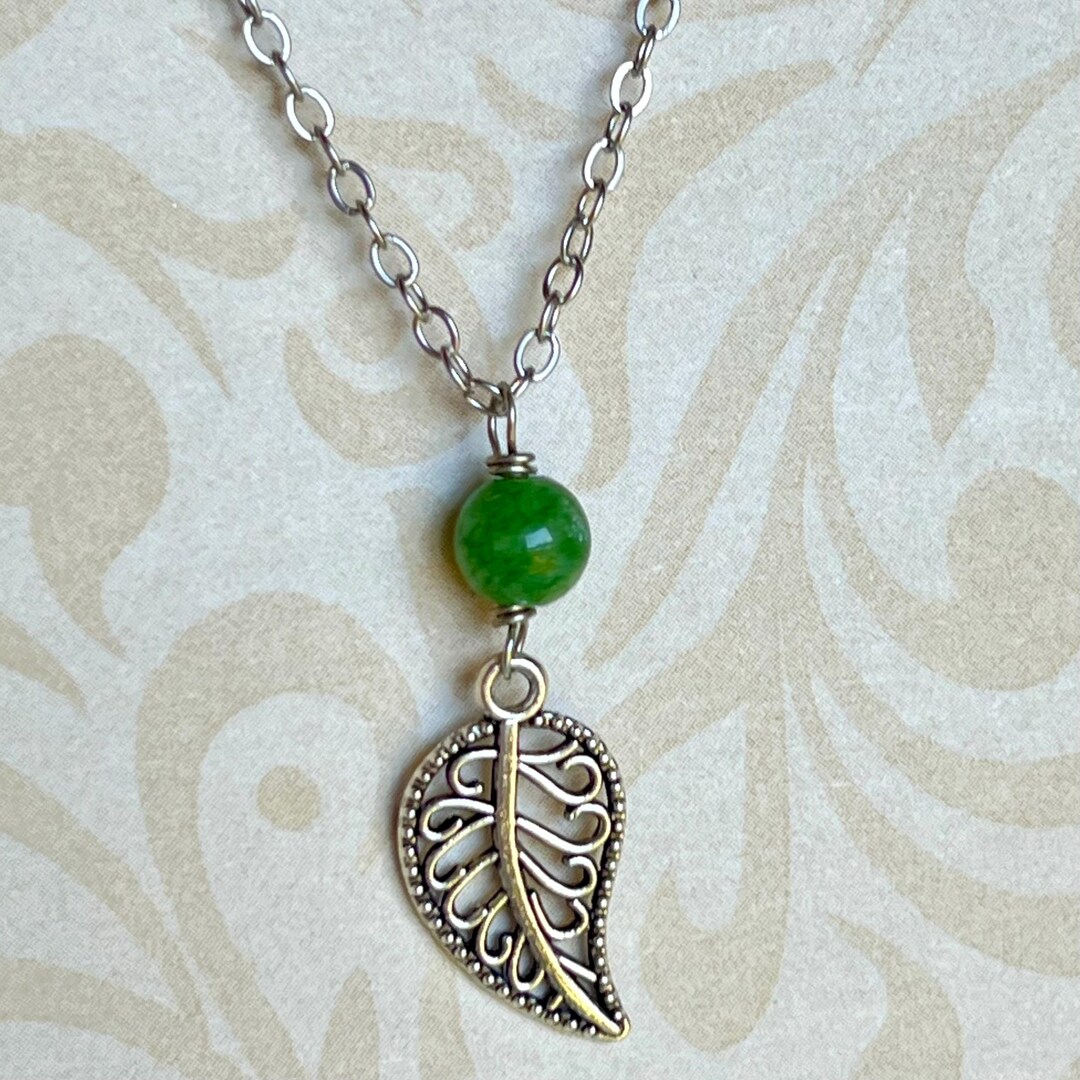 Metal Leaf Charm With Green Bead Chain Necklace - Etsy