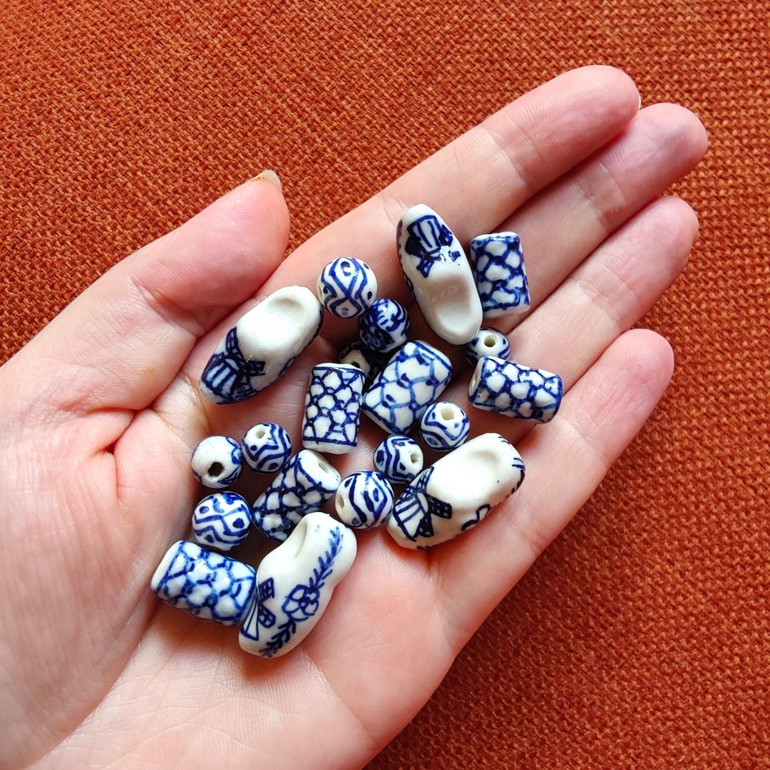 Beads in Delft Blue Ceramic Handmade Wooden Shoe, Cylinder or Round ...