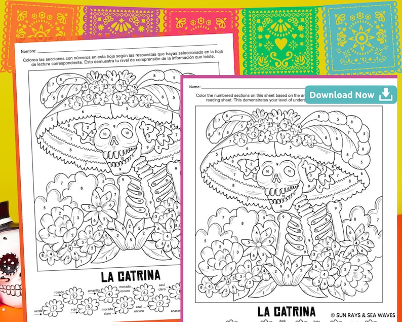 La Catrina Color-by-number Worksheets in English & Spanish Versions - Etsy