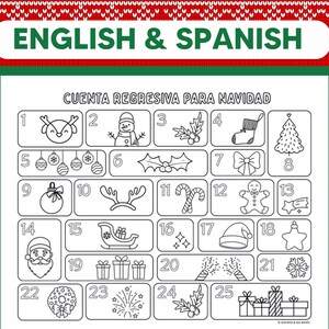 Christmas Countdown Coloring Sheet Calendar in English & Spanish ...