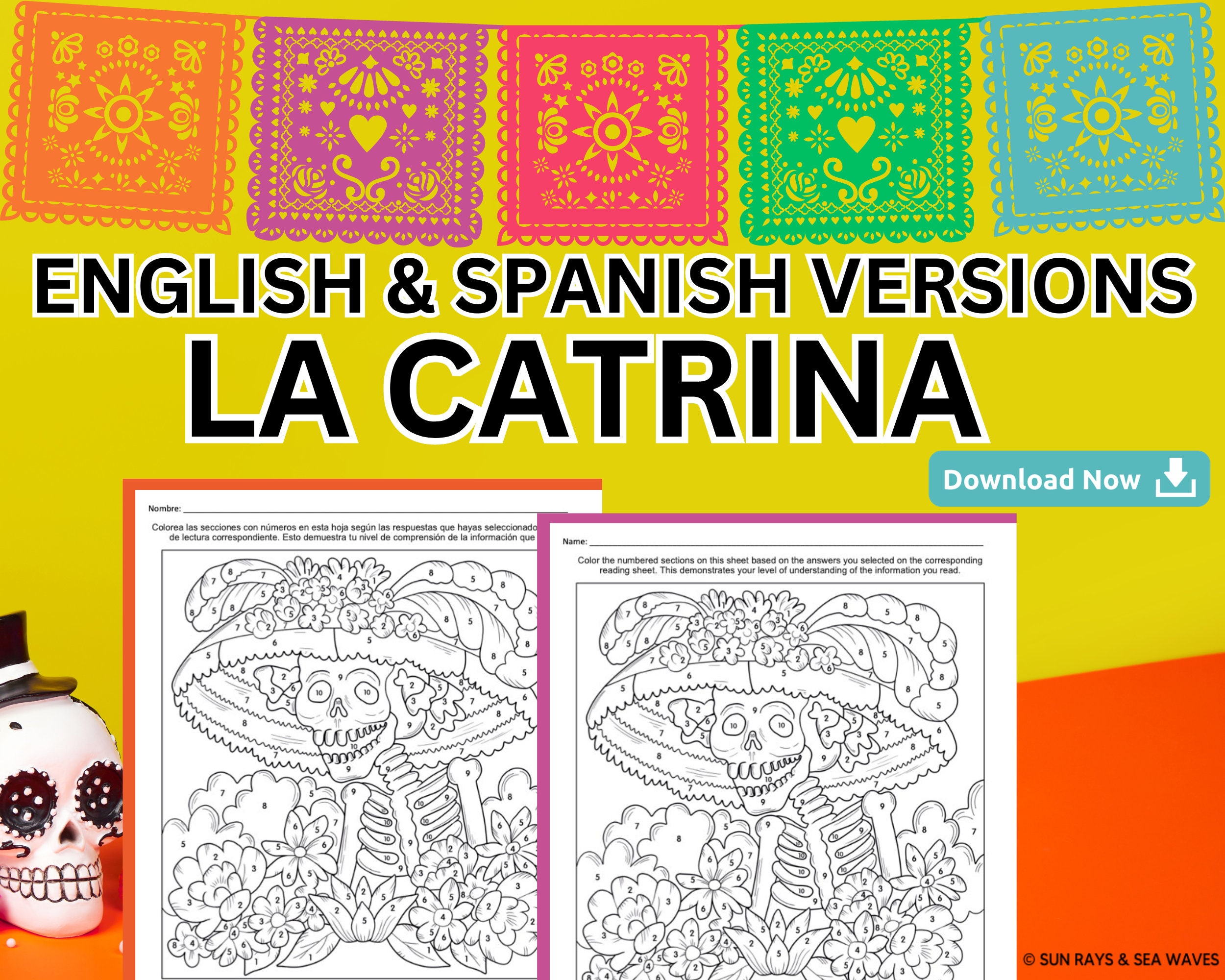 La Catrina Color-by-number Worksheets in English & Spanish Versions - Etsy