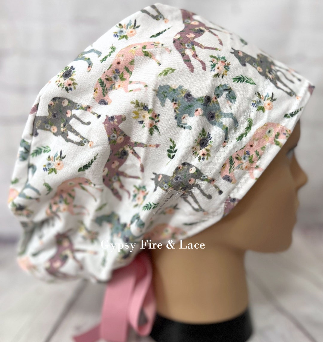Euro Style white Floral Western Horse Women's Ribbon Tie Back Scrub Cap ...