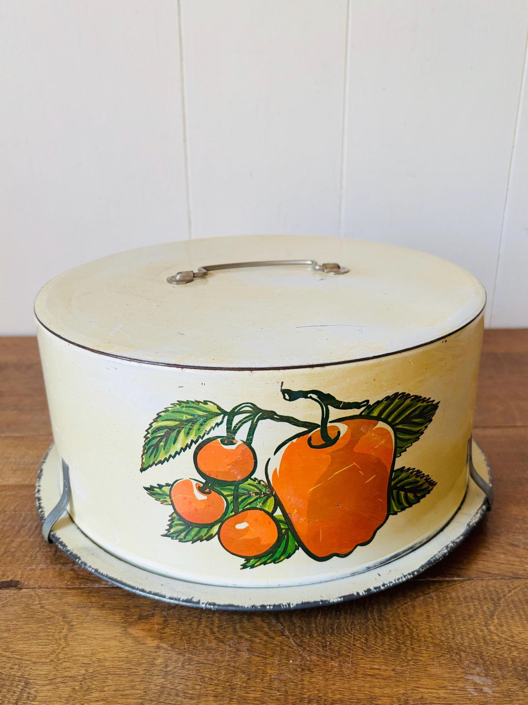 Vintage Decorware Cake Carrier /metal Lid and Tray/ Fruit Motif/ Pie ...