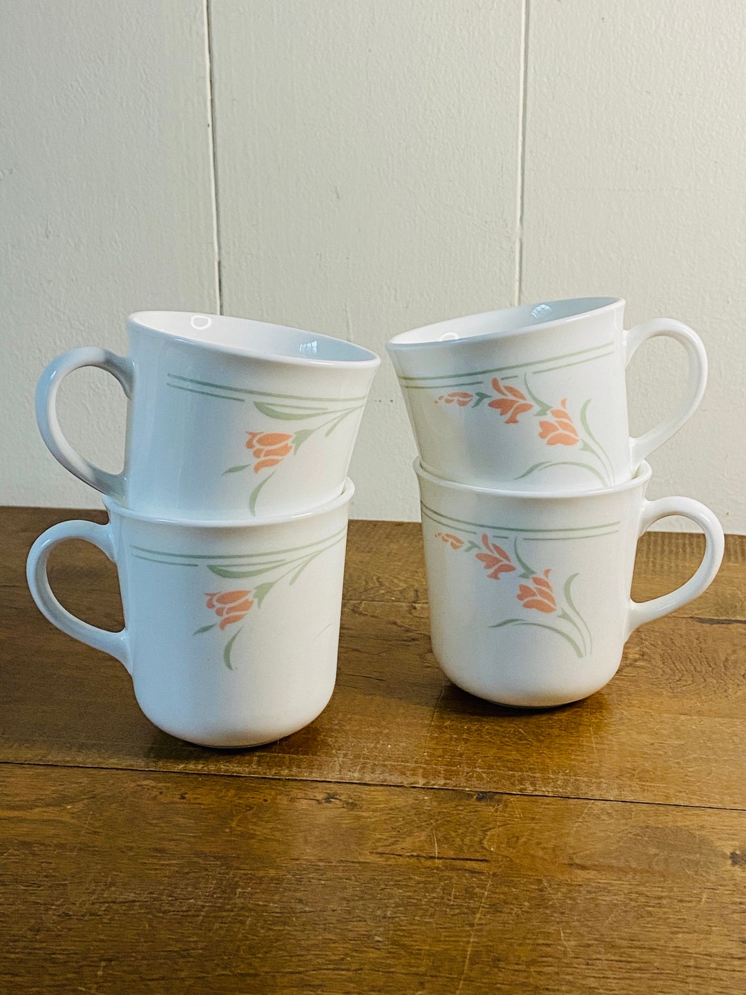 Corelle Cups/ “peach Garland”/ Flat Cups/ Set of 4 - Etsy
