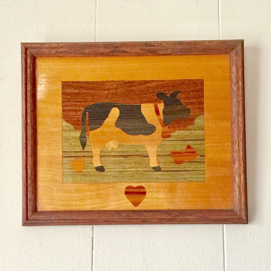 Folk Art Cow Picture/vintage Figi Graphic Picture/ Natural Wood Frame ...