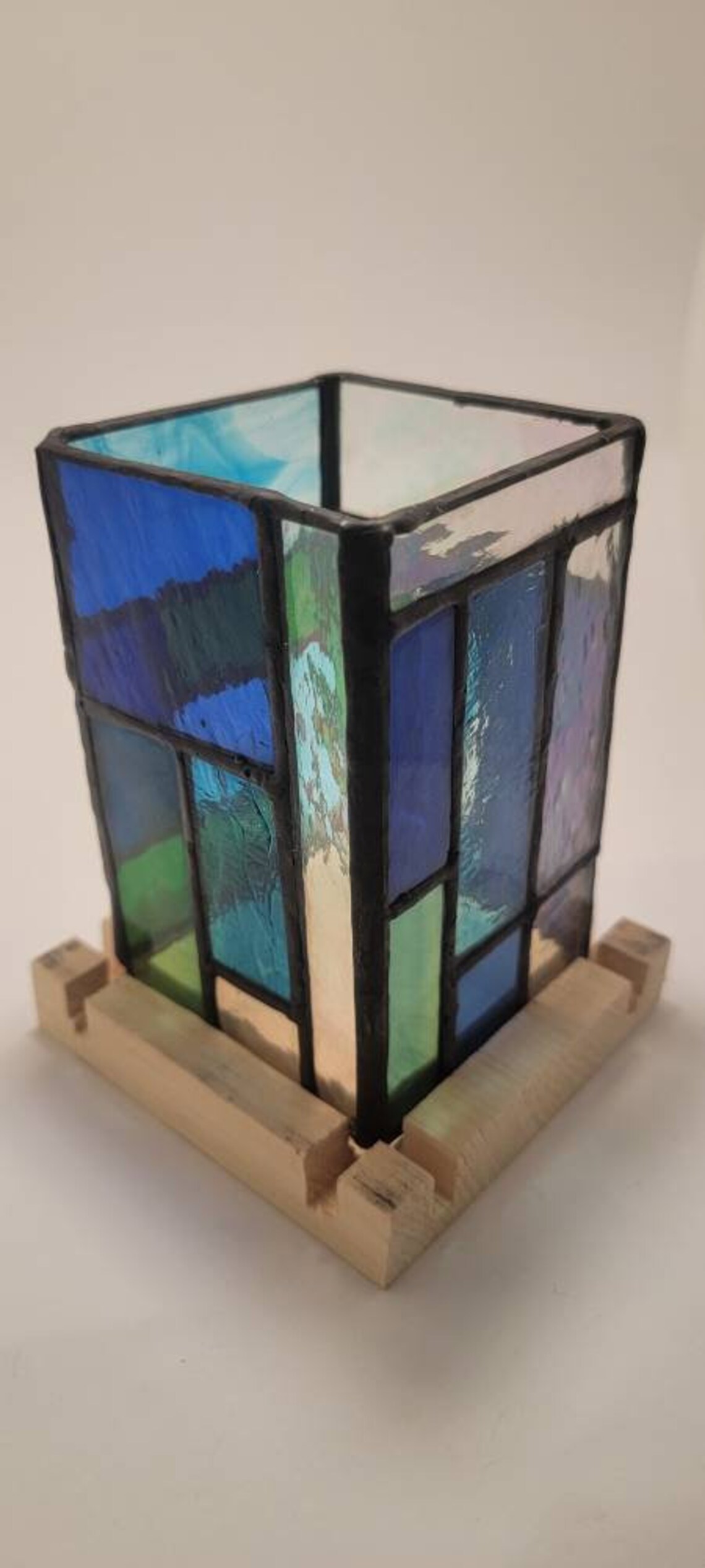 Stained Glass Hurricane Style Candle Holder With Wooden Base - Etsy