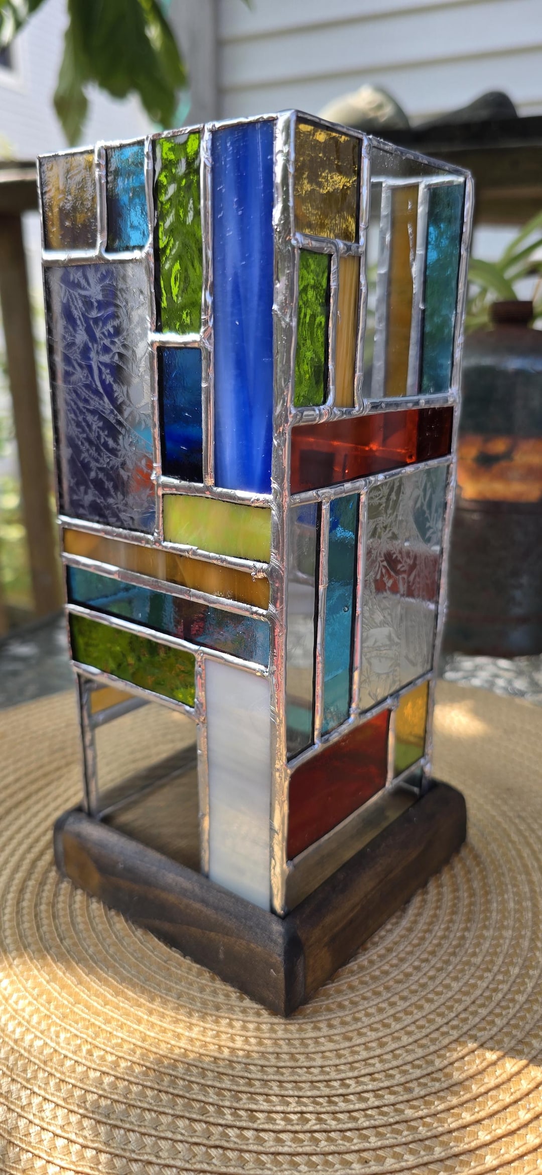 Stained Glass Hurricane Style Candle Holder With Wooden Base - Etsy