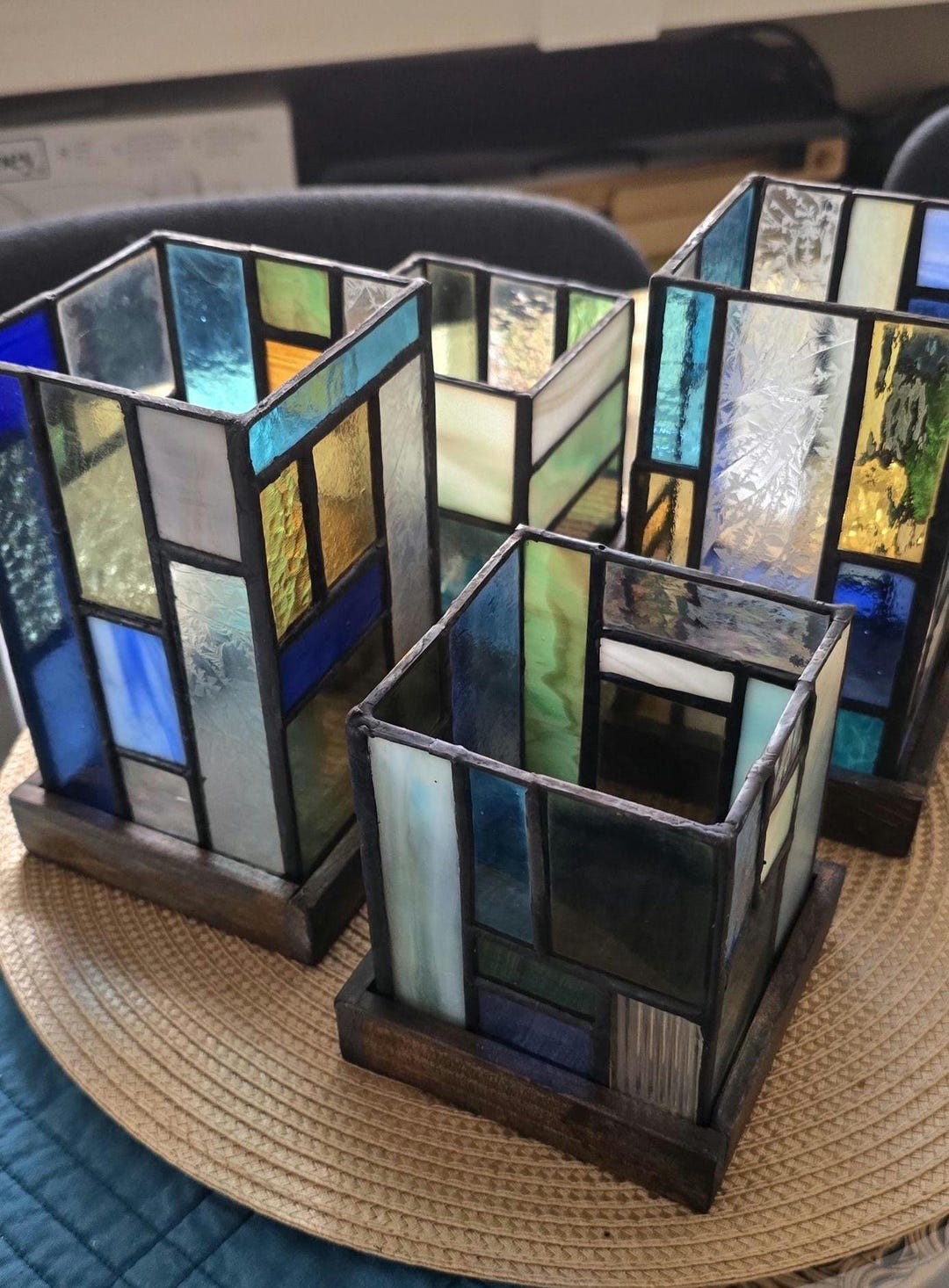 Stained Glass Hurricane Style Candle Holder With Wooden Base - Etsy