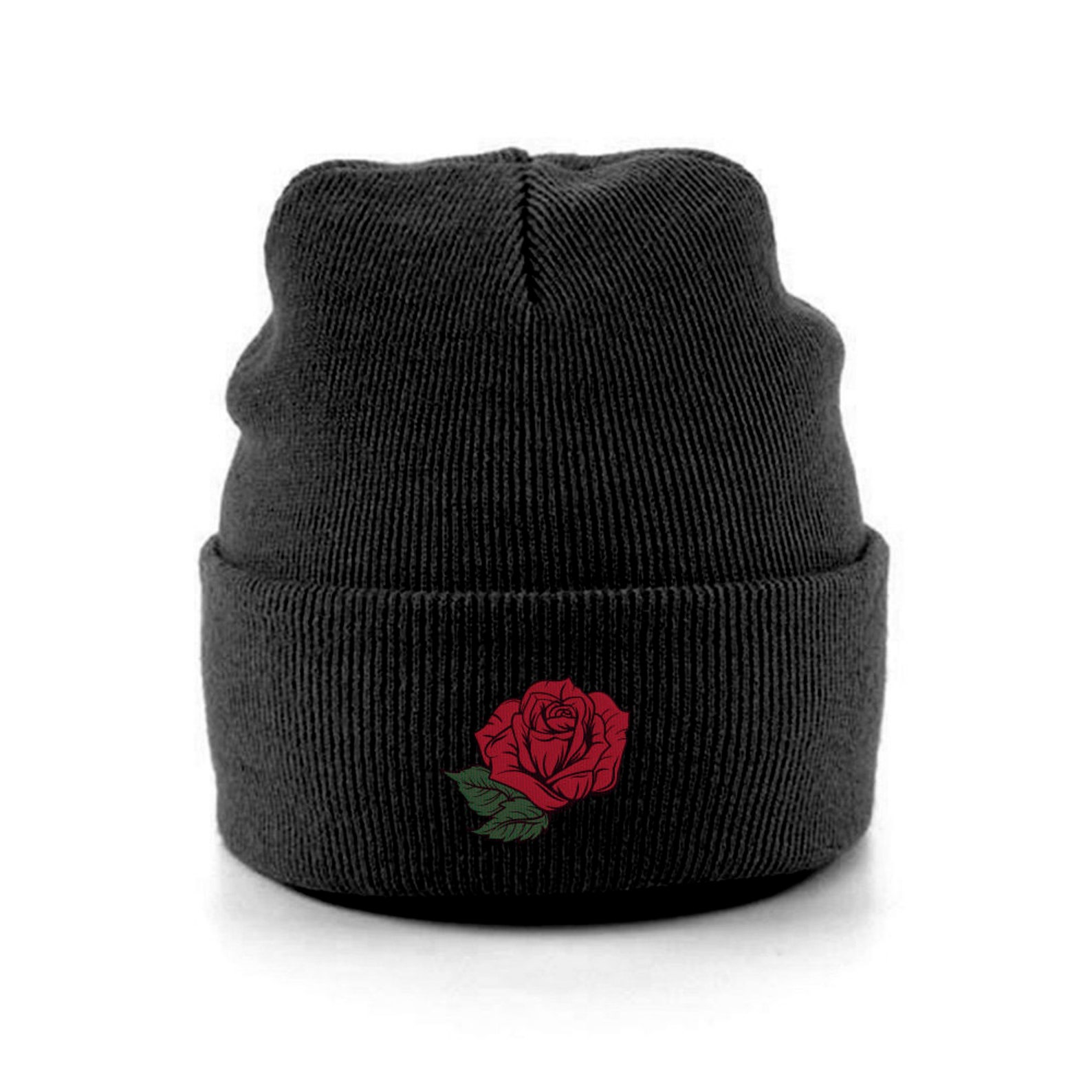 Red Rose and Leaf Embroidered Winter Warm Long Cuffed Beanie | Etsy