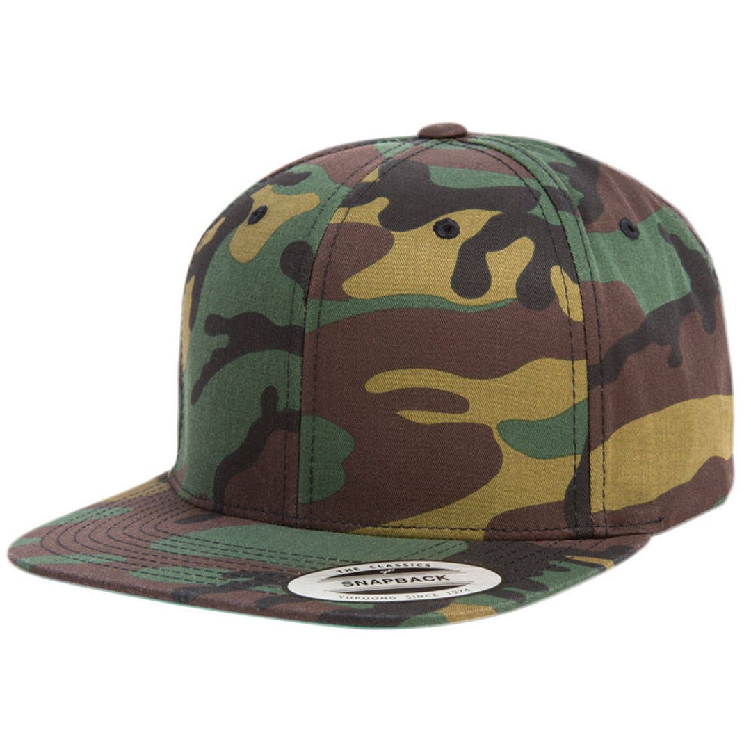 Yupoong Woodland Green Camo Pattern High Profile 6 Panel Flatbill Snapback Baseball Cap Hat ...