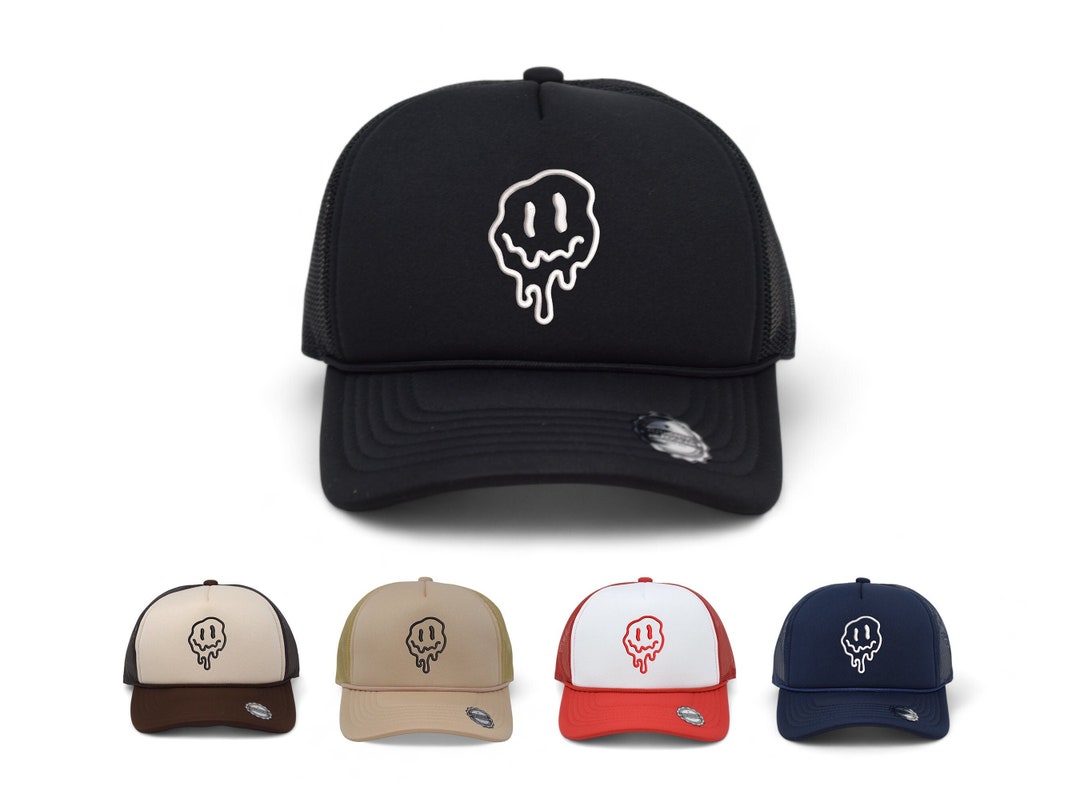 Melting Dripping Happy Face Embroidered 5 Panel Rope Trucker Hat Brand ...