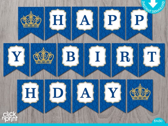 Prince Birthday Royal Blue and Gold Glitter Print Youself Banner ...