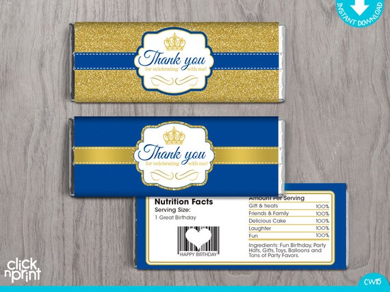 Prince Birthday Royal Blue Gold Glitter Print Yourself Candy Bar ...