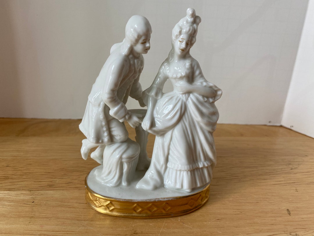 Victorian White Porcelain Figurine of Man and Woman on Gold Accented ...