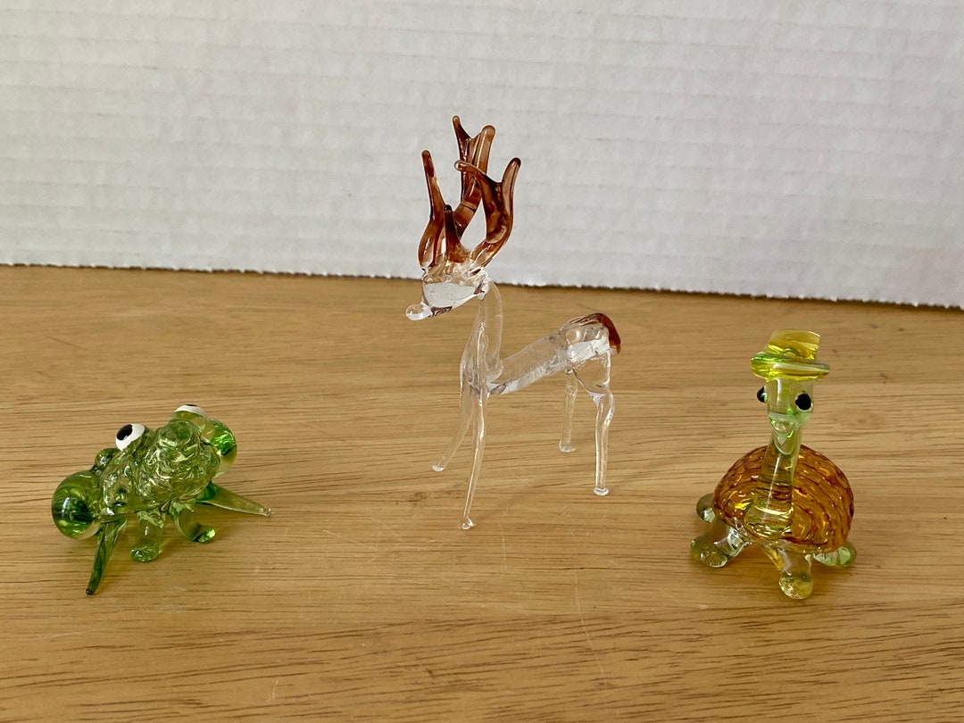 Set of 3 Reindeer, Turtle & Frog Art Glass Blown Miniature Figurines - Etsy
