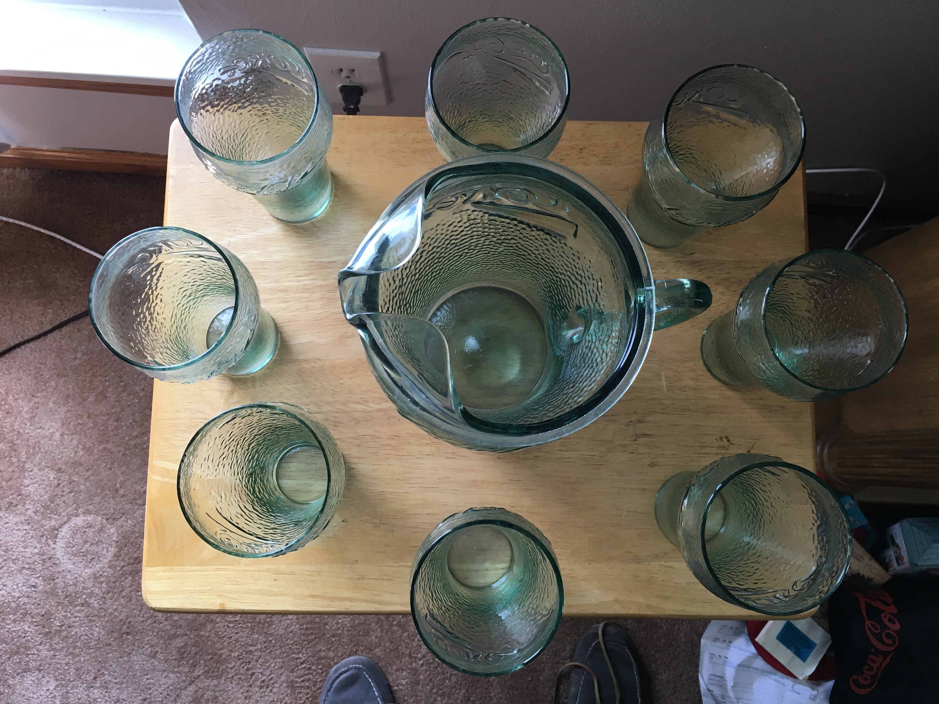 Green bubble glass Coke pitcher and 8 green bubble glass coke glasses