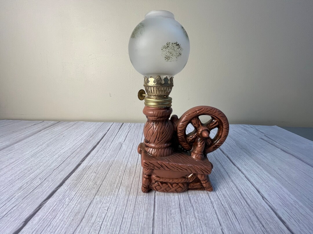 Vintage Ceramic Spinning Wheel Oil Lamp With Frosted Chimney and Wick ...