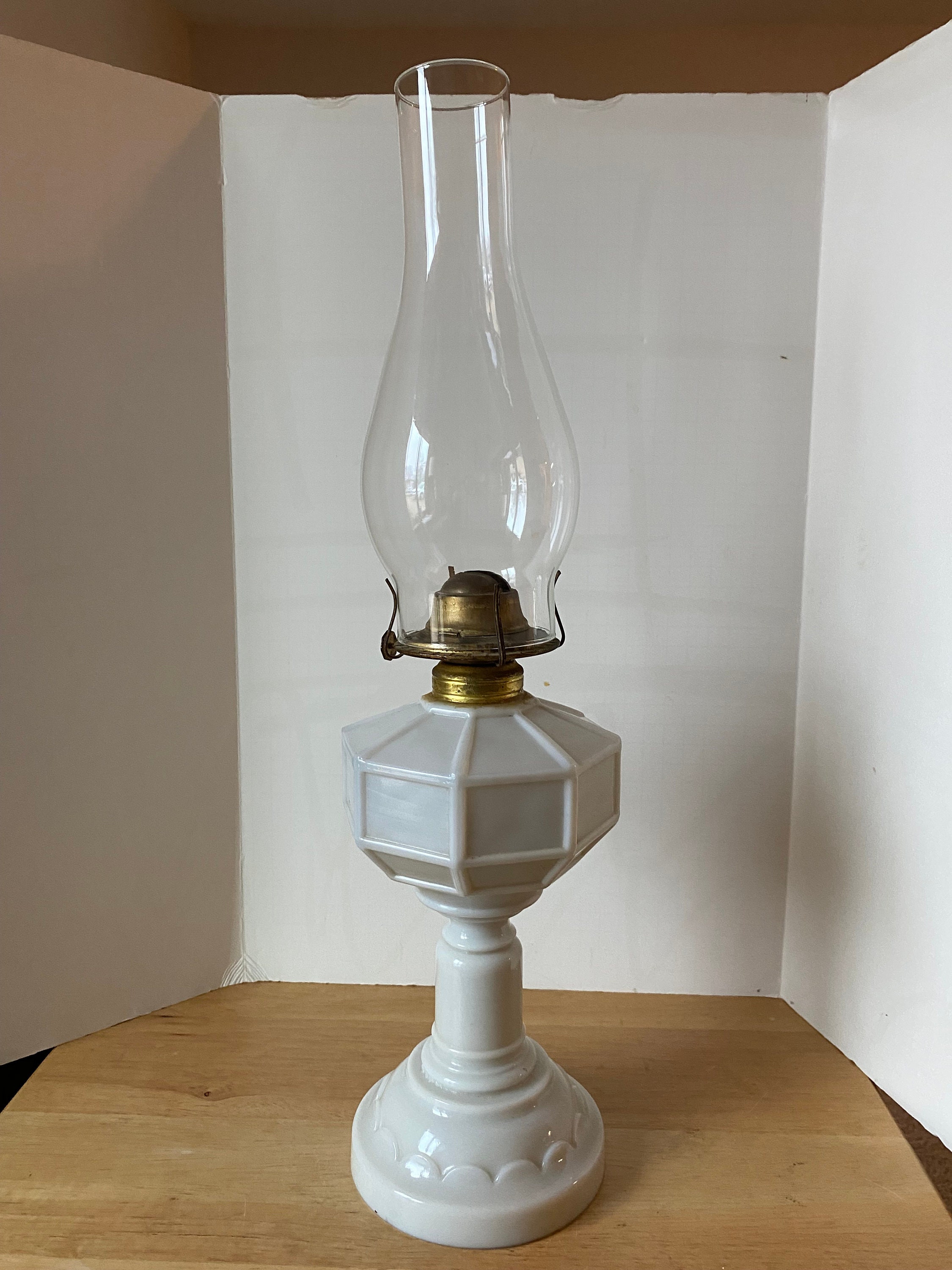 Vintage Tall Paneled Milk Glass Oil Lamp With Chimney And Wick