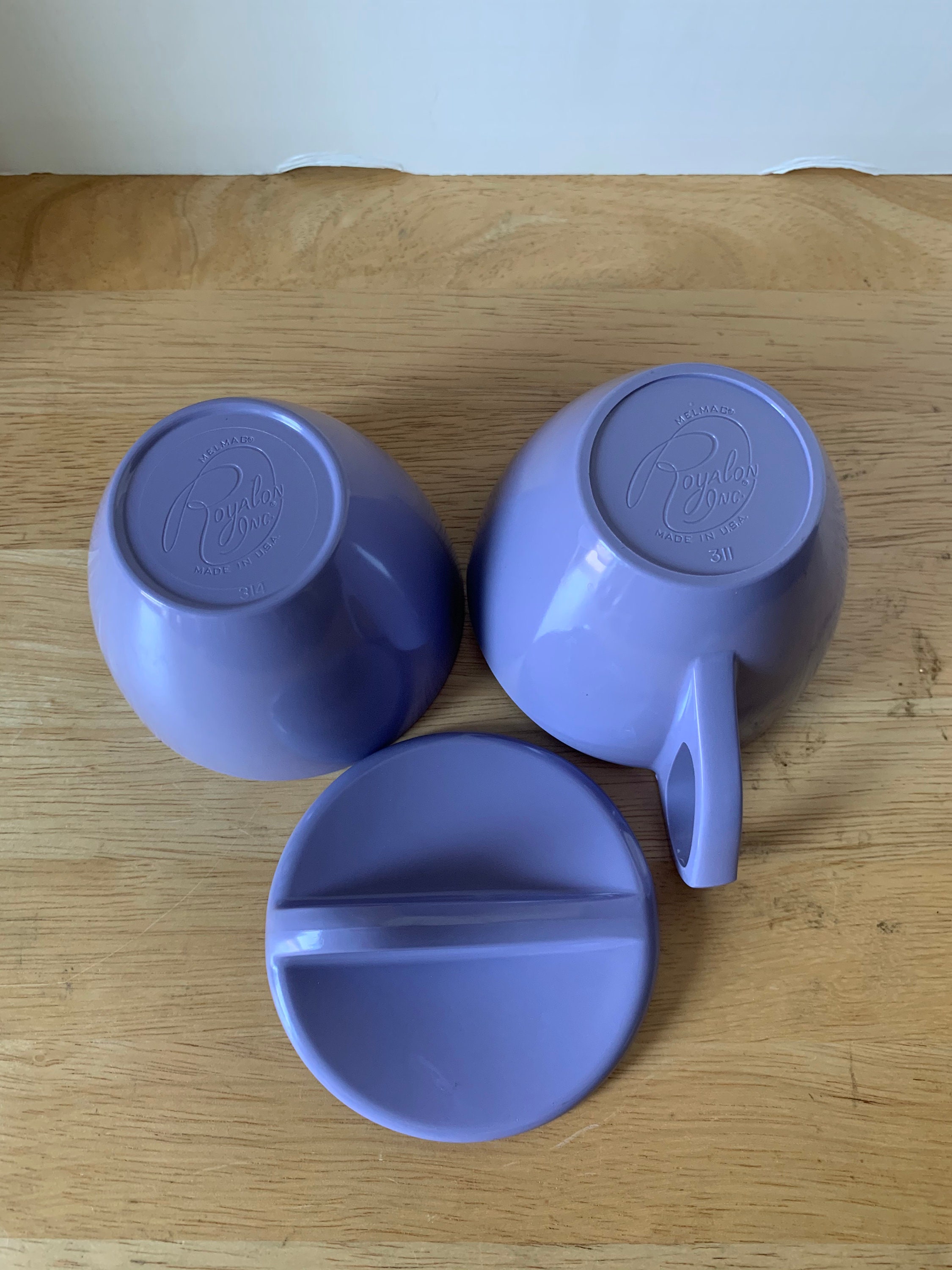 Vintage 3 piece Royalon purple melmac creamer and sugar bowl