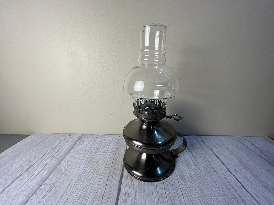 Pewter Colored Metal Finger Oil Lamp With Key Bubble Chimney and Wick ...