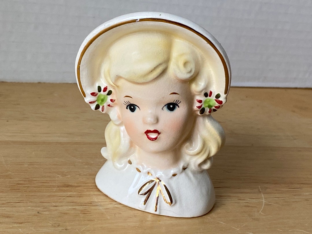 1960s Inarco Blond Girl W/poinsettias & Gold Trim Small Head Vase, #E ...