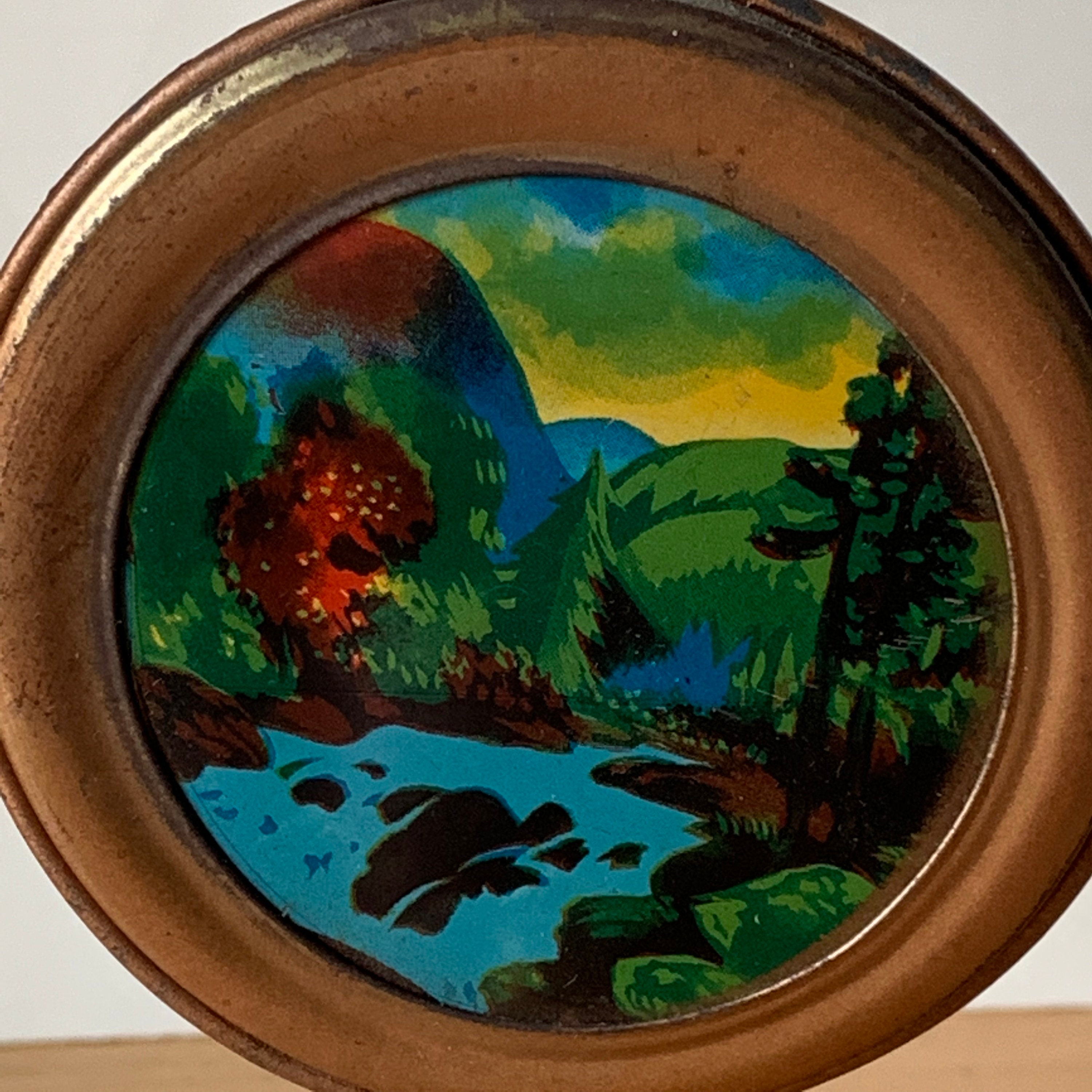 minature glass with nature scene backplate with chimney and wick